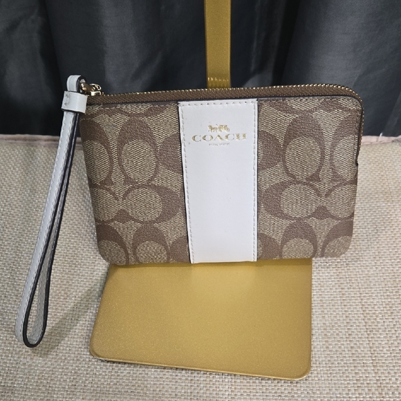 Coach | Bags | Coach Signature Brown And White Wristlet | Poshmark